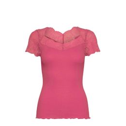 Spitzenshirt rosemunde "Beatha Lace Capsleeve T-Shirt", Damen, Gr. M, himbeere, Feinstrick, Obermaterial: 55% Seide, 45% Baumwolle, durchscheinend, gebl&uuml;mt, unifarben, eng h&uuml;ftbedeckend, V-Ausschnitt, Spitze, Shirts Spitzenshirt, wundersch&ouml;ne elastisch weiche Vintage-Spitze an Ausschnitt und &Auml;rmeln