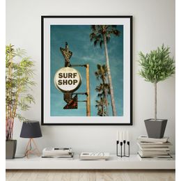 Bild queence "SURF SHOP", blau (farbe rahmen: schwarz, farbe bild(er): blau), B:40cm H:50cm, Acrylglas, Holz, Papier, Bilder, Bild, HD Premium Poster-Druck inkl. Holzrahmen