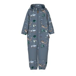 Overall name it "NMMALFA08 SOFTSHELL SUIT AOP 1FO NOOS", Jungen, Gr. 104, N-Gr, flint stone, Softshell, Obermaterial: 94% Polyester, 6% Elasthan, bedruckt, regular fit kn&ouml;chellang, elastischer Bund, Overalls Overall, mit dekorativen und reflektierenden Details