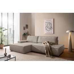 Ecksofa Home Affaire "SHERWOOD, Schlafsofa in L-Form offen (275cm), Cord, Leinenoptik", greige, B:275cm H:85cm T:167cm, 100% Polyester, Sofas, Ecksofa, Schlaffunktion und Bettkasten, Kedernaht, hoher Sitz- & Liegekomfort