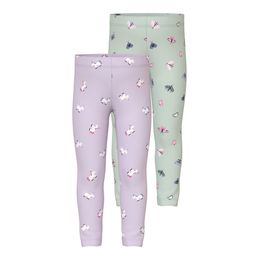 Leggings name it "NMFVIVIAN 2P AOP LEGGING", M&auml;dchen, Gr. 98, N-Gr, lavender fog pack:pale aqua, Jersey, Obermaterial: 95% Baumwolle, 5% Elasthan, bedruckt, regular fit lang, Hosen Leggings