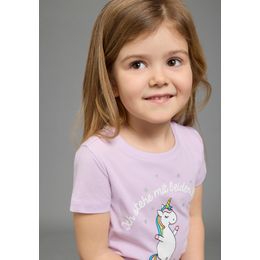 T-Shirt Kidsworld "Mit Einhorn-Druck und Glitzereffekten", M&auml;dchen, Gr. 116/122, flieder, Jersey, Obermaterial: 100% Baumwolle, bedruckt, Basic h&uuml;ftlang, Rundhals, abgesteppte Kante, Shirts T-Shirt, mit stylischem Einhorn-Print, Topseller
