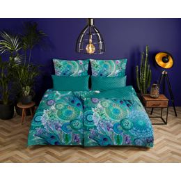 Wendebettw&auml;sche HIP "Kari", blau (petrol), B/L: 155cm x 220cm, 1 Stk., 1 Stk., Satin, B/L: 80cm x 80cm, 2 Stk., Satin, Obermaterial: 100% Baumwolle, Bettw&auml;sche, Wendebettw&auml;sche, Mako-Satin, 135x200, Rei&szlig;verschluss, Wendeoptik, Mandala, Federn, Gr&uuml;n