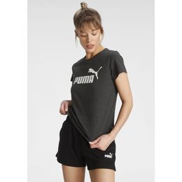 T-Shirt Puma "ESS LOGO TEE", Damen, Gr. S, grau (schwarz gray heather), Jersey, Obermaterial: 100% Baumwolle, meliert, regular fit normal, Rundhals, Shirts T-Shirt, Regular Fit Passform, sportlicher Stil, Kurzarmdesign