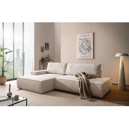 Ecksofa Home Affaire "SHERWOOD, Schlafsofa in L-Form offen (275cm), Cord, Leinenoptik", beige (hellbeige), B:275cm H:85cm T:167cm, 100% Polyester, Sofas, Ecksofa, Schlaffunktion und Bettkasten, Kedernaht, hoher Sitz- & Liegekomfort