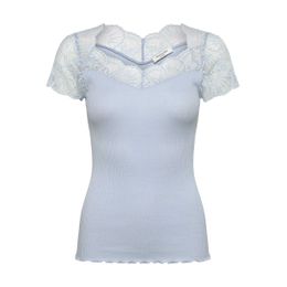 Spitzenshirt rosemunde "Beatha Lace Capsleeve T-Shirt", Damen, Gr. S, jeansblau, Feinstrick, Obermaterial: 55% Seide, 45% Baumwolle, durchscheinend, gebl&uuml;mt, unifarben, eng h&uuml;ftbedeckend, V-Ausschnitt, Spitze, Shirts Spitzenshirt, wundersch&ouml;ne elastisch weiche Vintage-Spitze an Ausschnitt und &Auml;rmeln