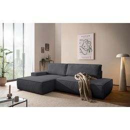 Ecksofa Home Affaire "SHERWOOD, Schlafsofa in L-Form offen (275cm), Cord, Leinenoptik", anthrazit, B:275cm H:85cm T:167cm, 100% Polyester, Sofas, Ecksofa, Schlaffunktion und Bettkasten, Kedernaht, hoher Sitz- & Liegekomfort