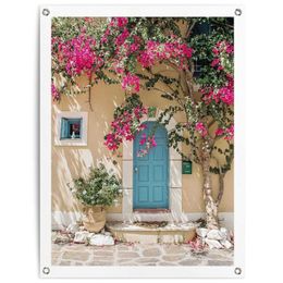 Reinders Poster &raquo;Mediterranean Door&laquo; Garten - Griechenland - Blumen - Haust&uuml;r - Rosa - Leinwand - St&auml;dte rosa