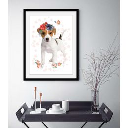 queence Bild &raquo;Blumenhund&laquo; Blumen Haustiere Hunde Hundebilder 1 Stk. tlg. HD Premium Poster-Druck inkl. Holzrahmen bunt Acrylglas, Holz, Papier
