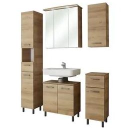 Badm&ouml;bel-Set SAPHIR "Quickset 919 5-teilig, Waschbeckenunterschrank mit LED-Spiegelschrank", braun (riviera eiche quer nachbildung), Kastenm&ouml;bel-Sets, Badm&ouml;bel-Set, Hochschrank, Unterschrank, H&auml;ngeschrank, 9 T&uuml;ren, inkl. T&uuml;rd&auml;mpfer