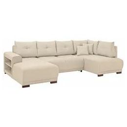 Wohnlandschaft Home Affaire "Viborg U-Form", beige, B:300cm H:91cm T:162cm, Filzoptik (100% Polyester);Struktur (100% Polyester);Struktur fein ( 100% Polyester), Sofas, Wohnlandschaft, mit Regal in der Armlehne, wahlweise mit Bettfunktion