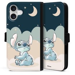 DeinDesign iPhone 16 Plus Handy Klapph&uuml;lle Handyh&uuml;lle aus Kunst Leder schwarz Flip Case Moon Lilo & Stitch Disney Sideflip mit Lasche