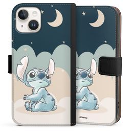 DeinDesign iPhone 14 Handy Klapph&uuml;lle Handyh&uuml;lle aus Kunst Leder schwarz Flip Case Moon Lilo & Stitch Disney Sideflip mit Lasche