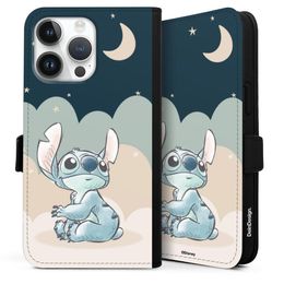 DeinDesign iPhone 14 Pro Max Handy Klapph&uuml;lle Handyh&uuml;lle aus Kunst Leder schwarz Flip Case Moon Lilo & Stitch Disney Sideflip mit Lasche