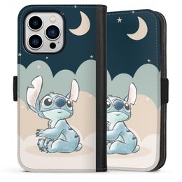 DeinDesign iPhone 13 Pro Handy Klapph&uuml;lle Handyh&uuml;lle aus Kunst Leder schwarz Flip Case Moon Lilo & Stitch Disney Sideflip mit Lasche