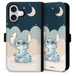 DeinDesign iPhone 16 Handy Klapph&uuml;lle Handyh&uuml;lle aus Kunst Leder schwarz Flip Case Moon Lilo & Stitch Disney Sideflip mit Lasche
