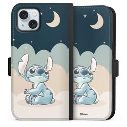 DeinDesign iPhone 15 Handy Klapph&uuml;lle Handyh&uuml;lle aus Kunst Leder schwarz Flip Case Moon Lilo & Stitch Disney Sideflip mit Lasche