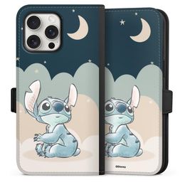 DeinDesign iPhone 15 Pro Max Handy Klapph&uuml;lle Handyh&uuml;lle aus Kunst Leder schwarz Flip Case Moon Lilo & Stitch Disney Sideflip mit Lasche
