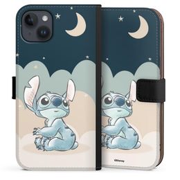 DeinDesign iPhone 14 Plus Handy Klapph&uuml;lle Handyh&uuml;lle aus Kunst Leder schwarz Flip Case Moon Lilo & Stitch Disney Sideflip mit langer Lasche