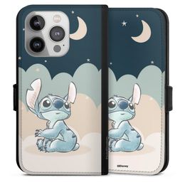 DeinDesign iPhone 14 Pro Handy Klapph&uuml;lle Handyh&uuml;lle aus Kunst Leder schwarz Flip Case Moon Lilo & Stitch Disney Sideflip mit langer Lasche
