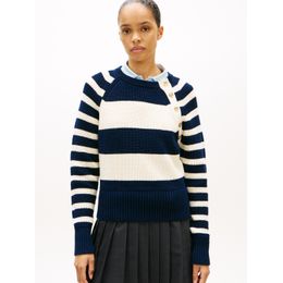 Tommy Hilfiger Damen Strickpullover "GOLD BTN UTILITY LS C-NK SWT"big brt stp schwarz night, calico, Gr. M, gestreift, Strick, Obermaterial: 100%