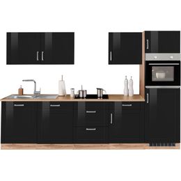 K&uuml;chenzeile KOCHSTATION "KS-Tinnum", schwarz (k&uuml;che: schwarz, korpus: wotaneichefarben, arbeitsplatte: wotaneichefarben), B:300cm T:60cm, Komplettk&uuml;chen-Sets, K&uuml;chenzeile, ohne E-Ger&auml;te, Breite 300 cm