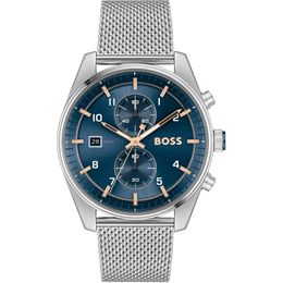 Chronograph BOSS "SKYTRAVELLER", silber (silberfarben, blau), Armbanduhren, Herren, Chronograph, Quarzuhr, Herrenuhr, Armbanduhr, Stoppfunktion, Edelstahlarmband