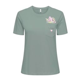 Kurzarmshirt Only "ONLPOLLY LIFE REG S/S POCKET TOP BOX JRS", Damen, Gr. L, jadeite print:flowers, Jersey, Obermaterial: 100% Baumwolle, bedruckt, regular fit normal, Rundhals, Shirts Kurzarmshirt, Baumwolle, regular fit, Rundhals