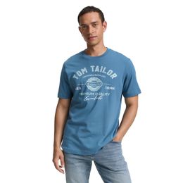 T-Shirt Tom Tailor, Damen, Gr. M, blau (real teal blau), Single Jersey, Obermaterial: 100% Baumwolle, bedruckt, regular fit normal, Rundhals, Shirts T-Shirt, mit gro&szlig;em Logofrontprint