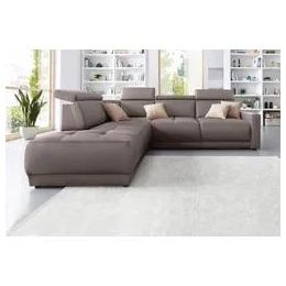 Ecksofa DOMO collection "Ava, moderne Sitzheftung mit toller Doppelnaht, komfortabel, L-Form", braun (schlamm), B:266cm H:84cm T:99cm, Kunstleder SOFTLUX;Struktur fein (100% Polyester);Zierkissen: Microfaser PRIMABELLE (100% Polyester);Struktur (100% Polyester);Microfaser PRIMABELLE (100% Polyester), Sofas, Ecksofa, mit Ottomane, inkl. Federkern, wahlweise mit Kopfteilverstellungen