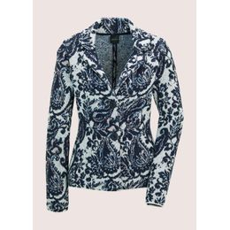 Madeleine Mode Strickjacke MADELEINE "Jacquardblazer Eleganter Blazer mit floralem Muster", Damen, Gr. 44, blau (marine, rauchblau, multicolor), Obermaterial: 35% Polyamid PA. 30% Viskose CV. 30% Wolle mw. 5% Kaschmir WS., Modern, Strickjacken Strickjacke, Jacquard