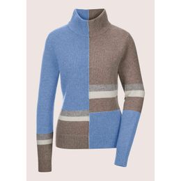 Madeleine Mode Longpullover MADELEINE "Strickpullover Intarsienpullover mit Stehkragen", Damen, Gr. 44/46, blau (gletscherblau, multicolor), Obermaterial: 25% Alpaka WP. 25% Polyamid PA. 25% Schurwolle WV. 25% Viskose CV., Modern, normal, Pullover Longpullover