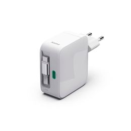 Hama Schnelllade-Ger&auml;t &raquo;Schnellladeger&auml;t mit ausziehbarem Ladekabel, 2x USB-C, 30 W, Wei&szlig;&laquo; Power Delivery, Fast Charge, GaN-Technologie, USB-C-Kabel 