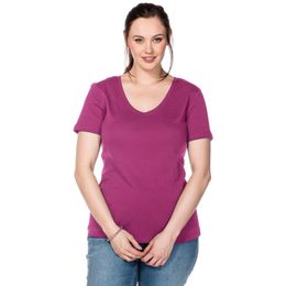 sheego Damen T-Shirt mit V-Ausschnitt, Rippqualit&auml;t, magenta, Gr&ouml;&szlig;e 56/58
