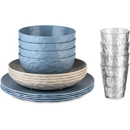 Geschirr-Set Koziol "CLUB SET G&Ouml;TEBORG", blau (nature desert sand, nature flower blau), 16 Stk., Kunststoff, Geschirr-Sets, Geschirr-Set, sp&uuml;lmaschinengeeignet, melaminfrei, CO&sup2; neutrale Produktion