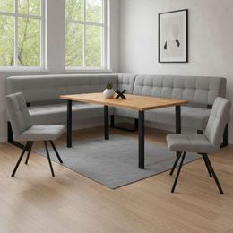 Eckbankgruppe Home Affaire "Mia Essecke, Sitzgruppe, Eckbankgruppe, K&uuml;chenbankgruppe", hellgrau, hellgrau, schwarz, B:207cm H:61cm T:167cm, Holzwerkstoff, Massivholz, Metall, Polyester, Sitzm&ouml;bel-Sets, Eckbankgruppe, Eckbank mit Wellenfederung; Tisch in Eiche massiv