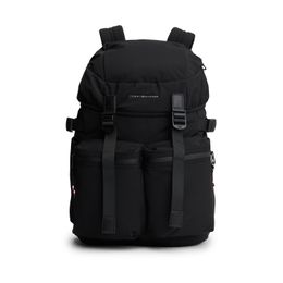 Freizeitrucksack Tommy Hilfiger "TH TRAVEL FLAP BACKPACK", Gr. B/H/T: 32cm x 46cm x 14cm, schwarz, Rucks&auml;cke Freizeitrucksack, Unisex Reiserucksack, Travel-Rucksack mit gepolsterten Tragegurten