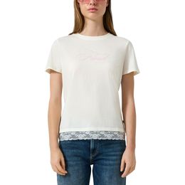 Rundhalsshirt QS, Damen, Gr. XXL (44), wei&szlig;, Jersey, Obermaterial: 100% Baumwolle, bedruckt, tailliert h&uuml;ftbedeckend, Rundhals, Shirts Rundhalsshirt, mit Letter-Print und Spitze am Saum
