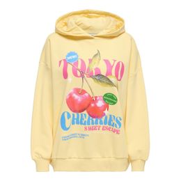 Sweatshirt Only "ONLELO L/S PRINT HOOD BOX SWT", Damen, Gr. M, gelb (sunlight print:cherries), Sweatware, Obermaterial: 60% Baumwolle, 40% Polyester, bedruckt, regular fit normal, Rundhals, Sweatshirts Sweatshirt, Baumwollmischung, regular fit