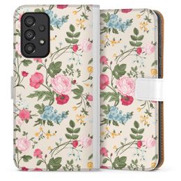 DeinDesign Galaxy A33 5G Handy Klapph&uuml;lle Handyh&uuml;lle aus Kunst Leder wei&szlig; Flip Case Flowers Vintage Ornament Sideflip mit Lasche