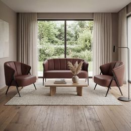 Wohnzimmer-Set MCW-P30, 2er-Sofa 2x Sessel, Vintage Retro Industrial Metall Kunstleder ~ rostrot