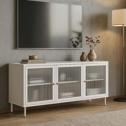 TV-Rack MCW-O87, Lowboard TV-Schrank Sideboard T&uuml;ren Stauf&auml;cher Industrial Metall Schilfglas 58x120x40cm ~ wei&szlig;