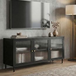 TV-Rack MCW-O87, Lowboard TV-Schrank Sideboard T&uuml;ren Stauf&auml;cher Industrial Metall Schilfglas 58x120x40cm ~ schwarz