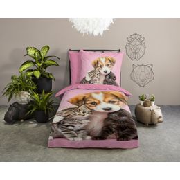 Kinderbettw&auml;sche "Amis", rosa, B/L: 135cm x 200cm, 1 Stk., 1 Stk., Microfaser, B/L: 80cm x 80cm, 2 Stk., Microfaser, Obermaterial: 100% Polyester, PURE LUXURY COLLECTION, Bettw&auml;sche, Mikrofaser, 135x200, 2 Teilig, Wendeoptik, M&auml;dchen, Hund, Katze