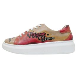 Plateausneaker DOGO "Myra Low-Top Sneaker Smell The Flowers Damen Sneaker, Myra", Damen, Gr. 36, Normalschaft, rot (beige, rot), Lederimitat, Schuhe Plateausneaker, Handgefertigt