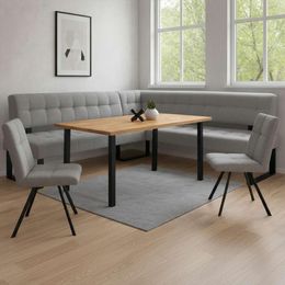 Eckbankgruppe Home Affaire "Mia Essecke, Sitzgruppe, Eckbankgruppe, K&uuml;chenbankgruppe", hellgrau, hellgrau, schwarz, B:207cm H:61cm T:167cm, Holzwerkstoff, Massivholz, Metall, Polyester, Sitzm&ouml;bel-Sets, Eckbankgruppe, Eckbank mit Wellenfederung; Tisch in Eiche massiv