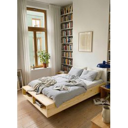 Stauraumbett Karup Design "Merge Bed Bettgestell m. integrierter Bank m. Stauraum, mehrere Gr&ouml;&szlig;en", natur, B:94cm H:32,5cm L:227cm, Betten, Stauraumbett, inkl. Lattenrost, excl. Matratze, FSC-zertifiziertes Massivholz