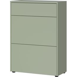 Schuhschrank Germania "Binetto", taupegr&uuml;n, navarra, eiche, nachbildung, B:70cm H:99cm T:34cm, Holzwerkstoff, Schr&auml;nke, Schuhschrank, Schuhschrank mit einer Schublade, zwei Klappen und Push-to-open Tech.