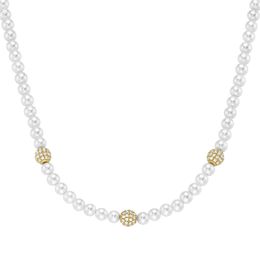 Collier "Collier mit Zirkonia und Muschelkern-Perlen, Silber 925", gold, Giorgio Martello MILANO, Halsketten, Damen, Silber 925 (Sterlingsilber), Collier