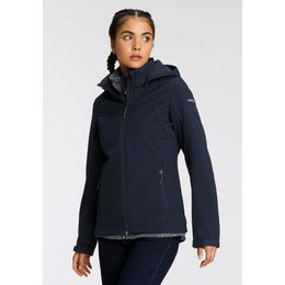 Softshelljacke Icepeak "BRENHAM", Damen, Gr. 48, blau (marine), Softshell, Obermaterial: 89% Polyester, 11% Elasthan. R&uuml;ckseite: 100% Polyester, normal, hoch geschlossener Ausschnitt, mit verstellbarem Klettverschluss, Jacken Softshelljacke, winddicht, wasserabweisend, atmungsaktiv, mit abnehmbarer Kapuze